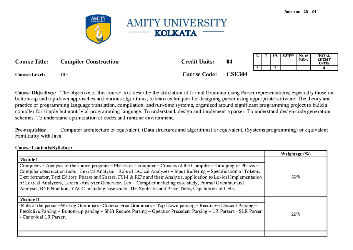 CSE304 Compiler Construction Course Syllabus and Objectives - Studocu