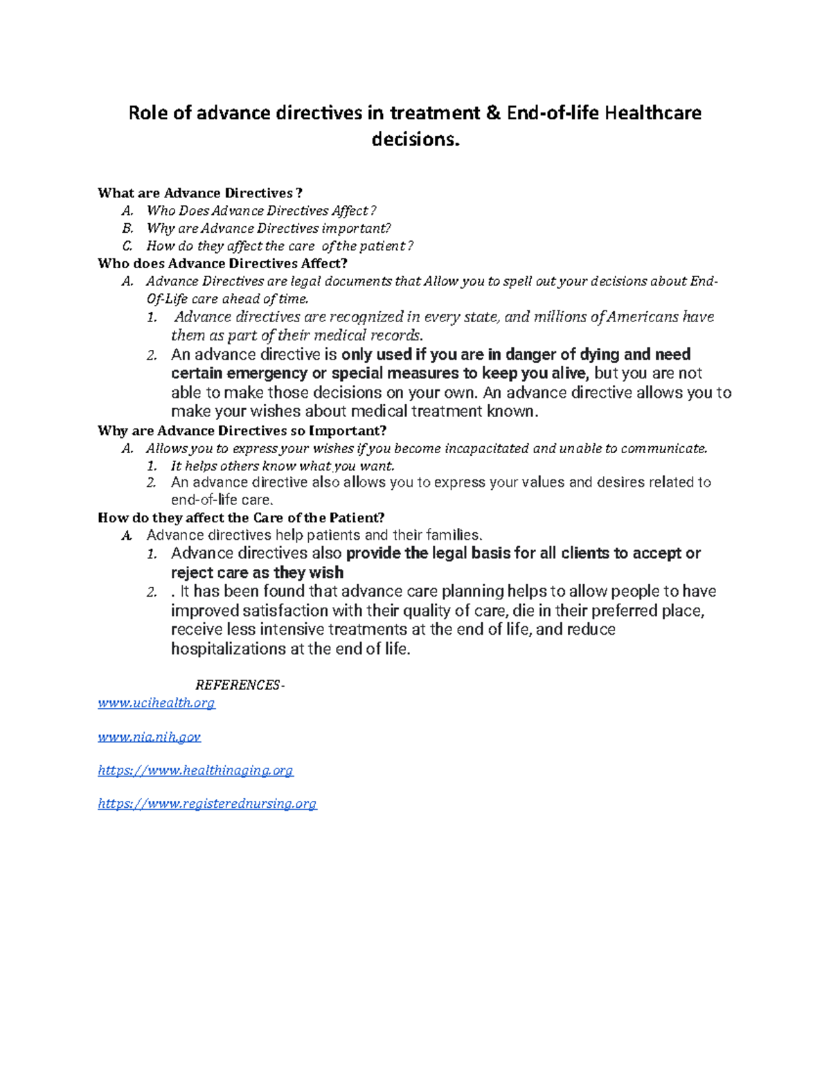 HIT 220 Final Exam Outline on Advance Directives in Healthcare - Studocu
