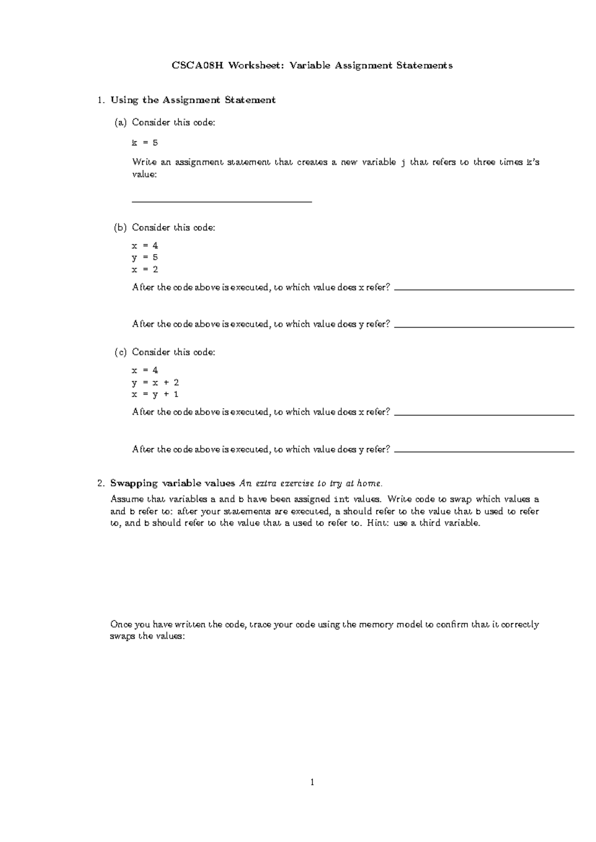 Variables assignment worksheet-1 - CSCA08H Worksheet: Variable Assignment Statements Using the ...
