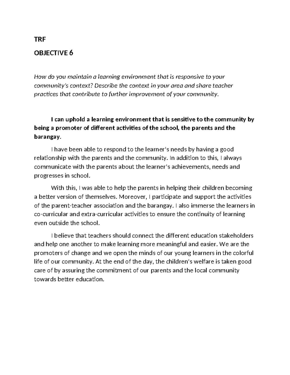 practice materials - TRF OBJECTIVE 6 How do you maintain a learning ...