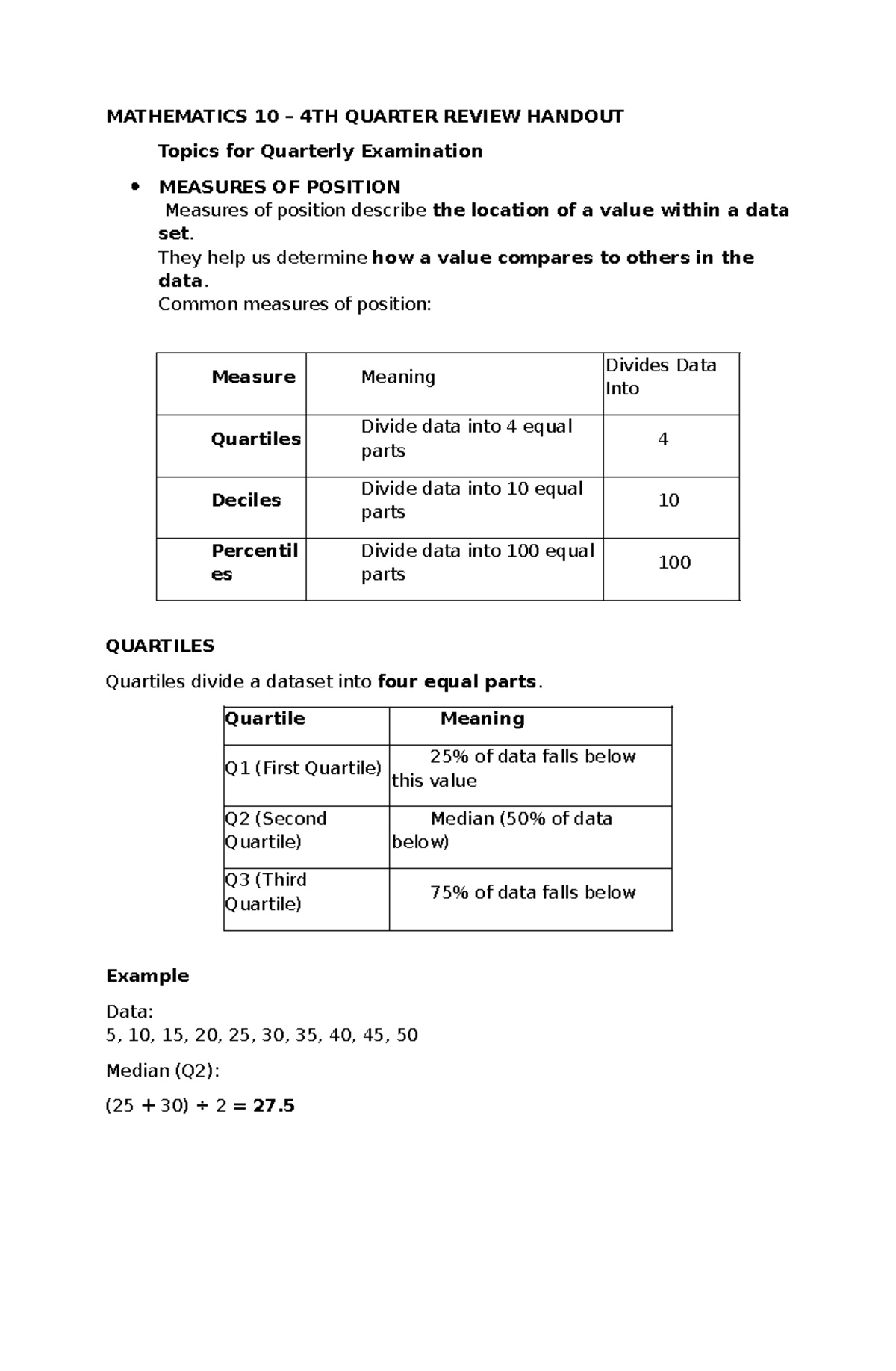 MATHEMATICS 10 4TH QUARTER REVIEW: MEASURES OF POSITION - Studocu