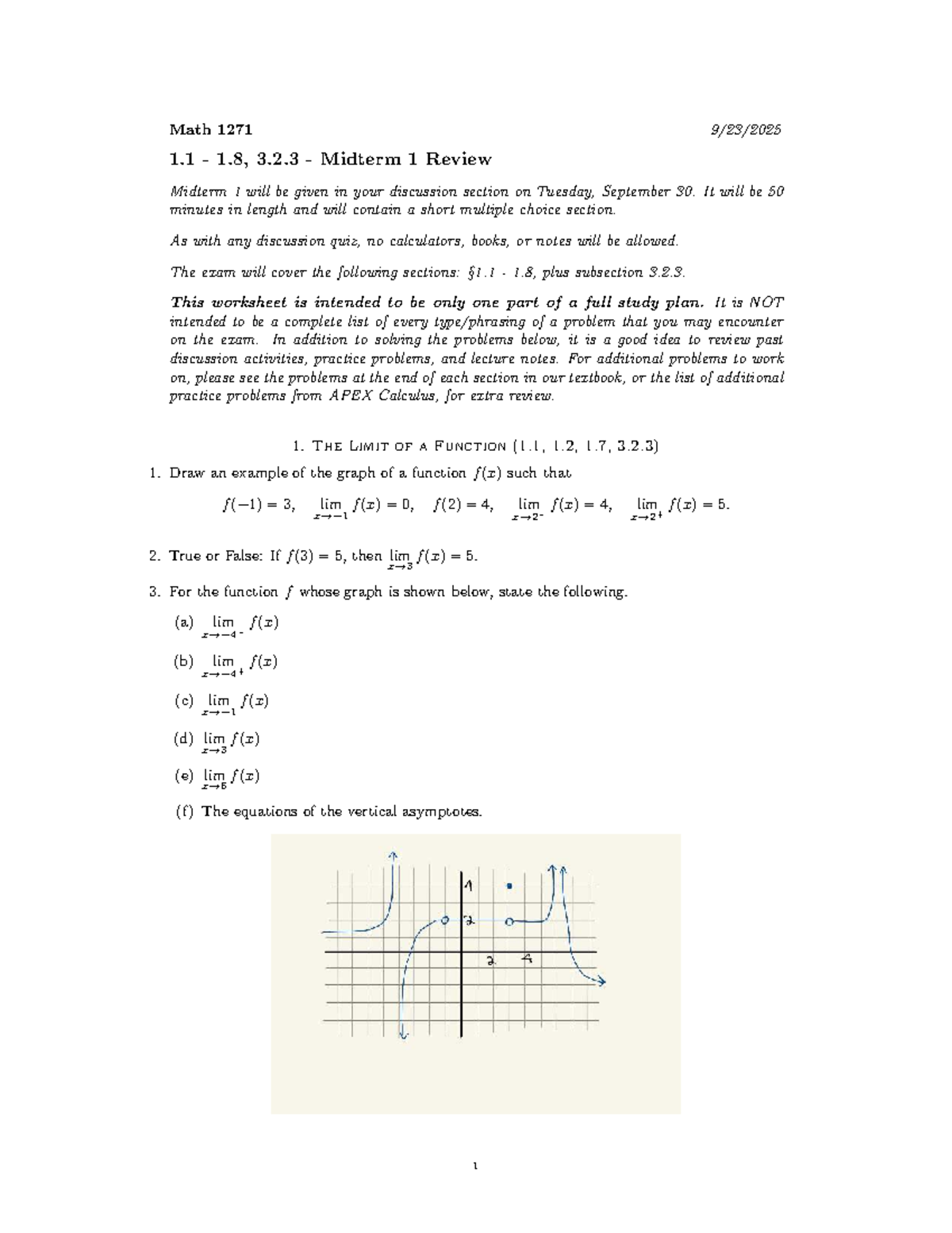 Math 1271 Midterm 1 Review: Limits, Continuity & Derivatives (1.1 - 1.8 ...