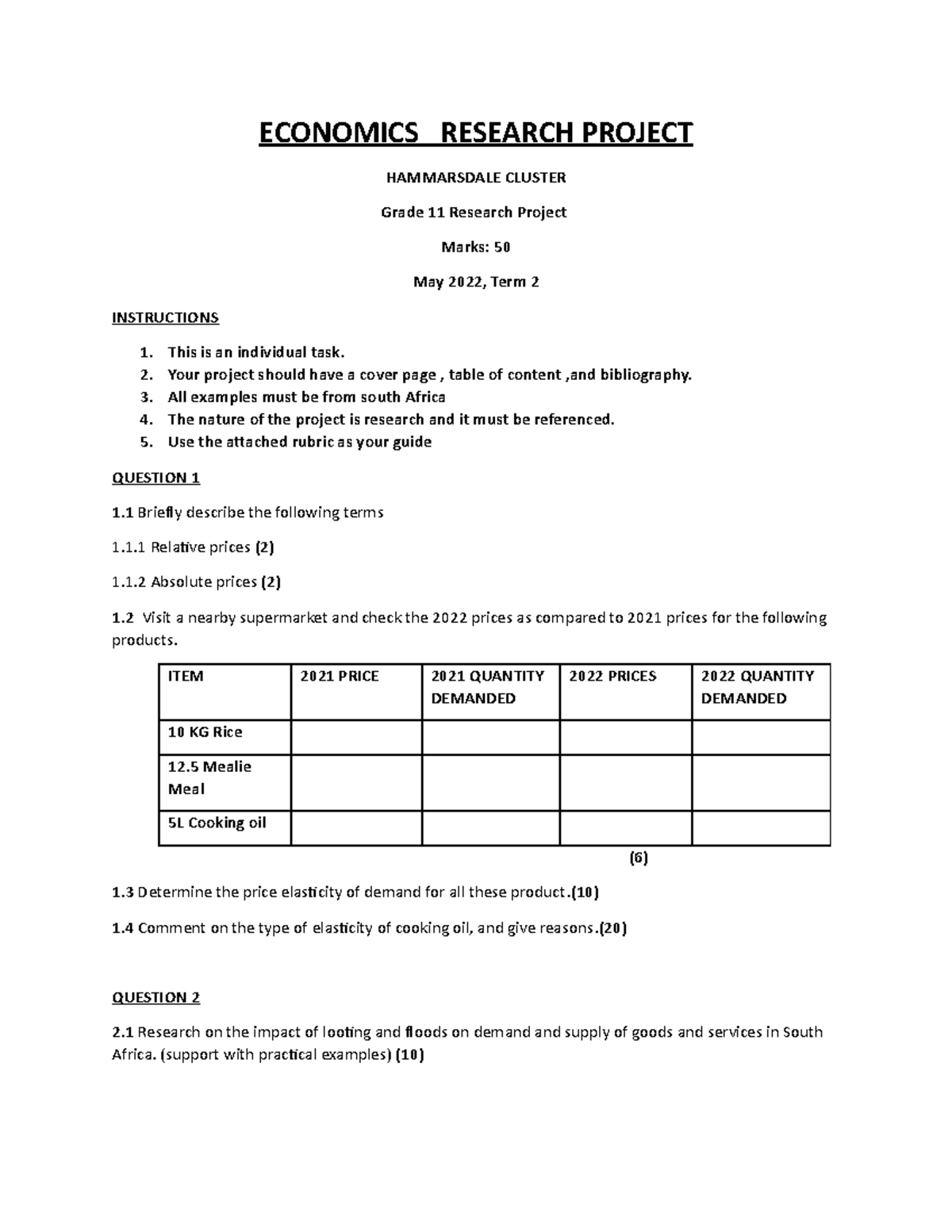 Grade 11 Economics Research Project: Hammarsdale Cluster Analysis - Studocu