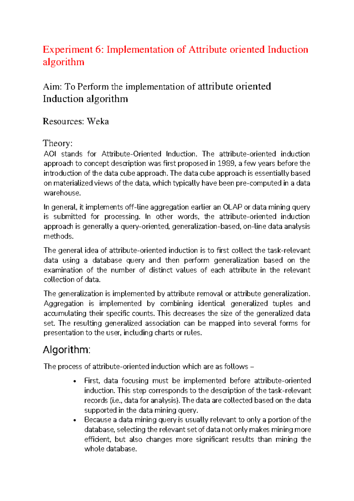 Experiment 6 AOI Algorithm - Experiment 6: Implementation of Attribute oriented Induction ...