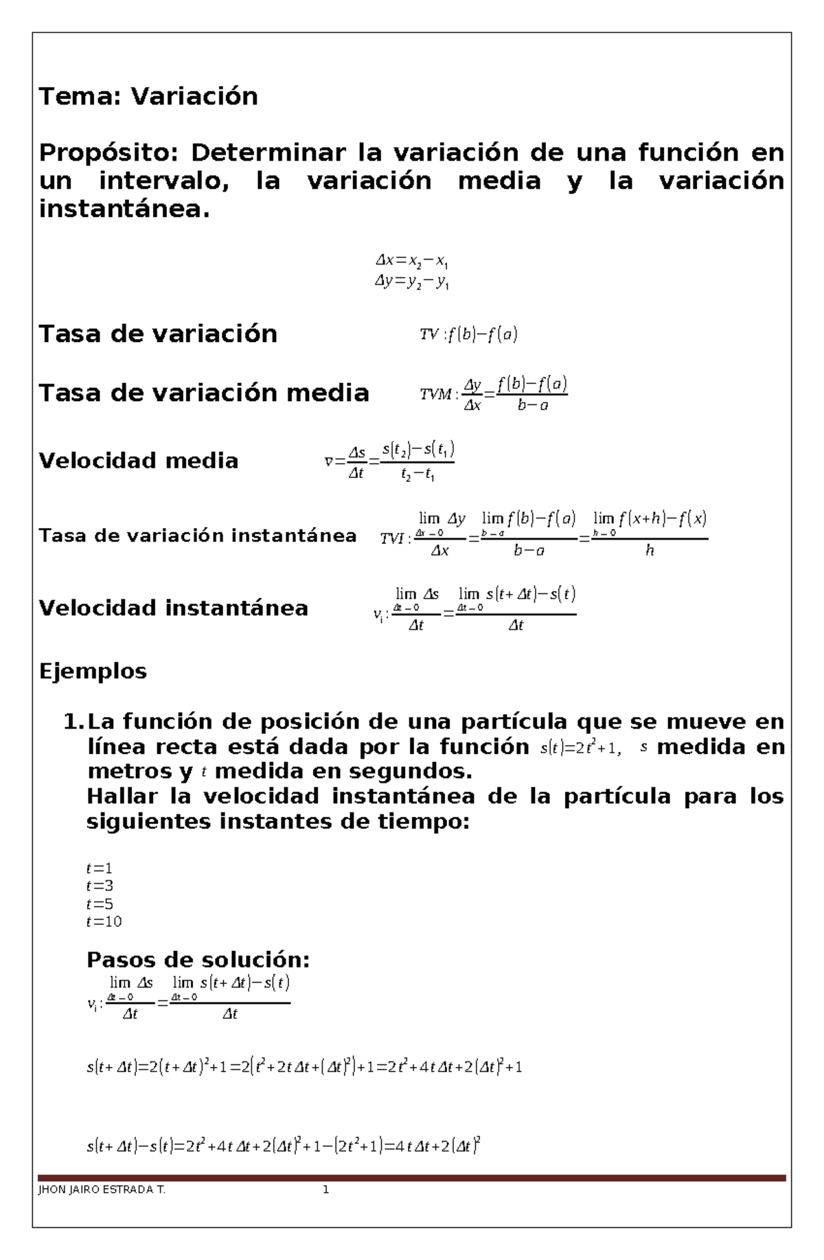 Tema: Variación y Tasa de Cambio en Funciones - Cálculo 101 - Studocu