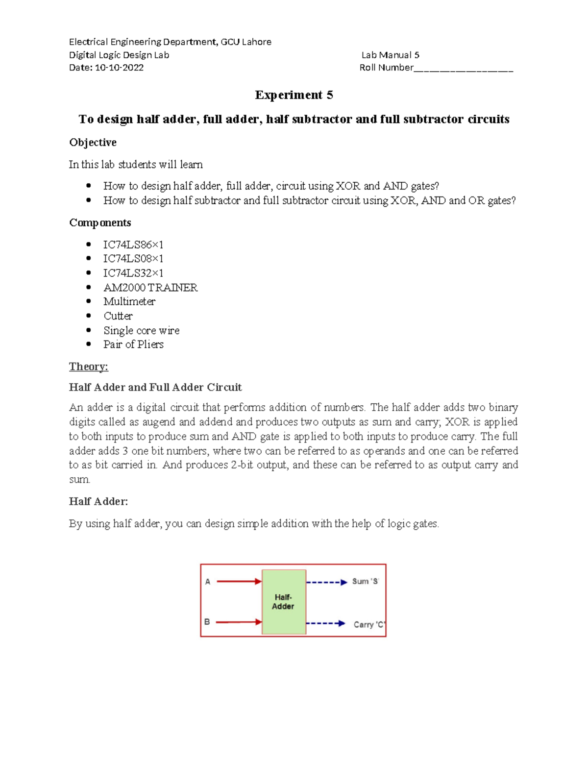 Lab 5 - ME361: Digital Logic Design - Adders & Subtractors - Studocu