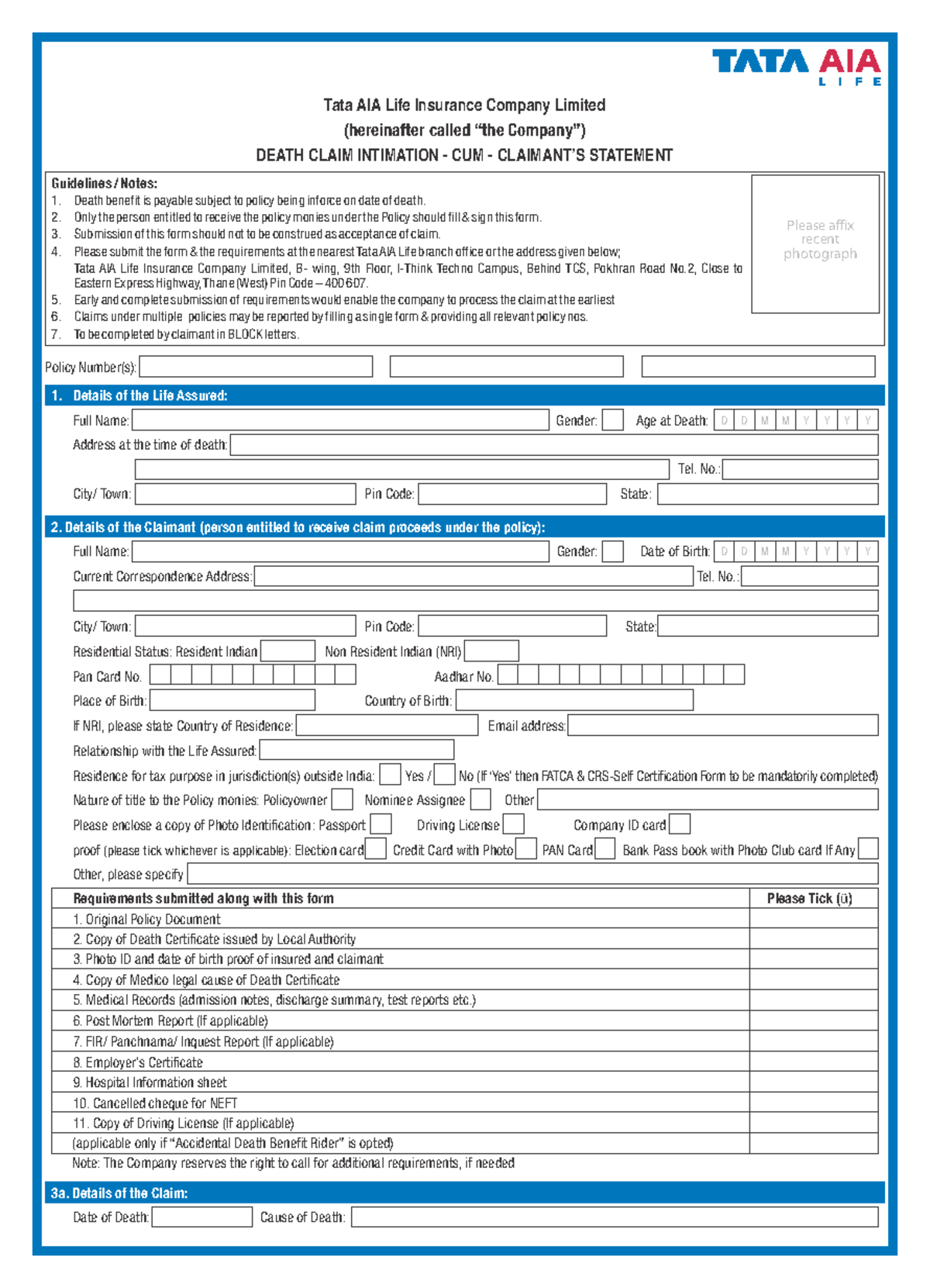 Claimant's Statement - notes - Tata AIA Life Insurance Company Limited ...