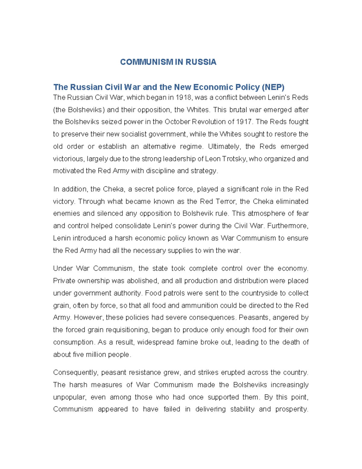 COMM 101: The Russian Civil War & NEP - An Essay Analysis - Studocu