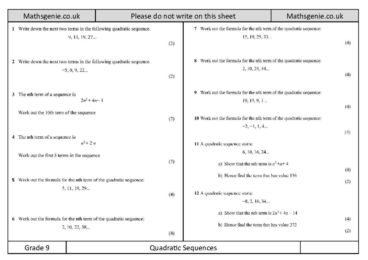 Grade 9 Quadratic Simultaneous Equations Worksheet - Studocu