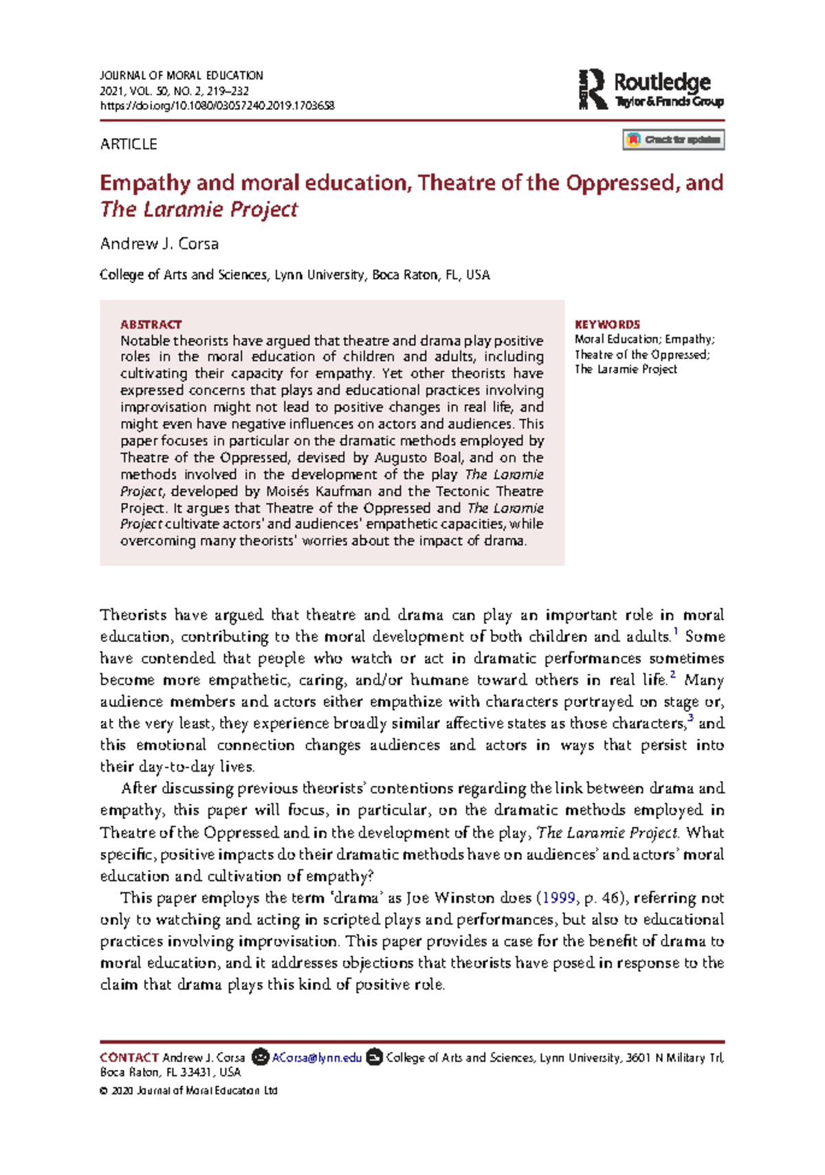 Empathy in Moral Education: Theatrical Insights from TO & Laramie ...