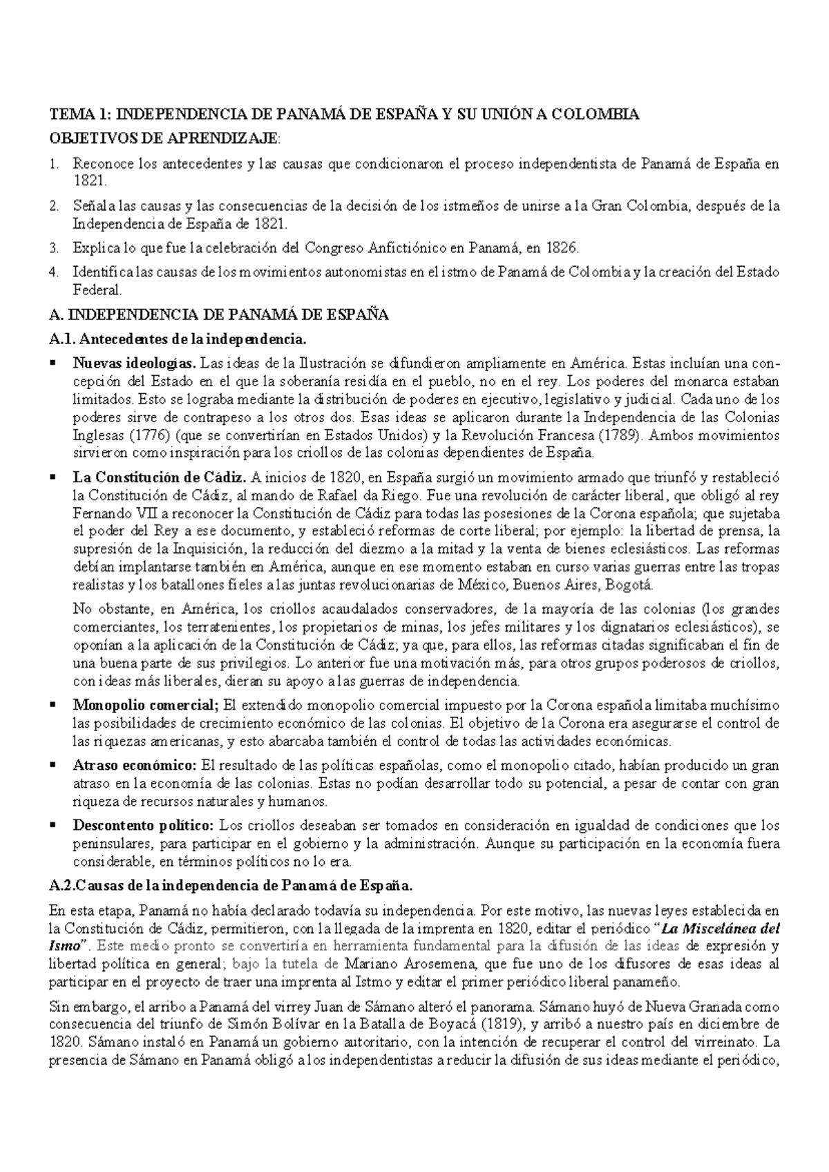 Tema 1 - Independencia de Panamá y su Unión a Colombia - Módulo 1 - Studocu