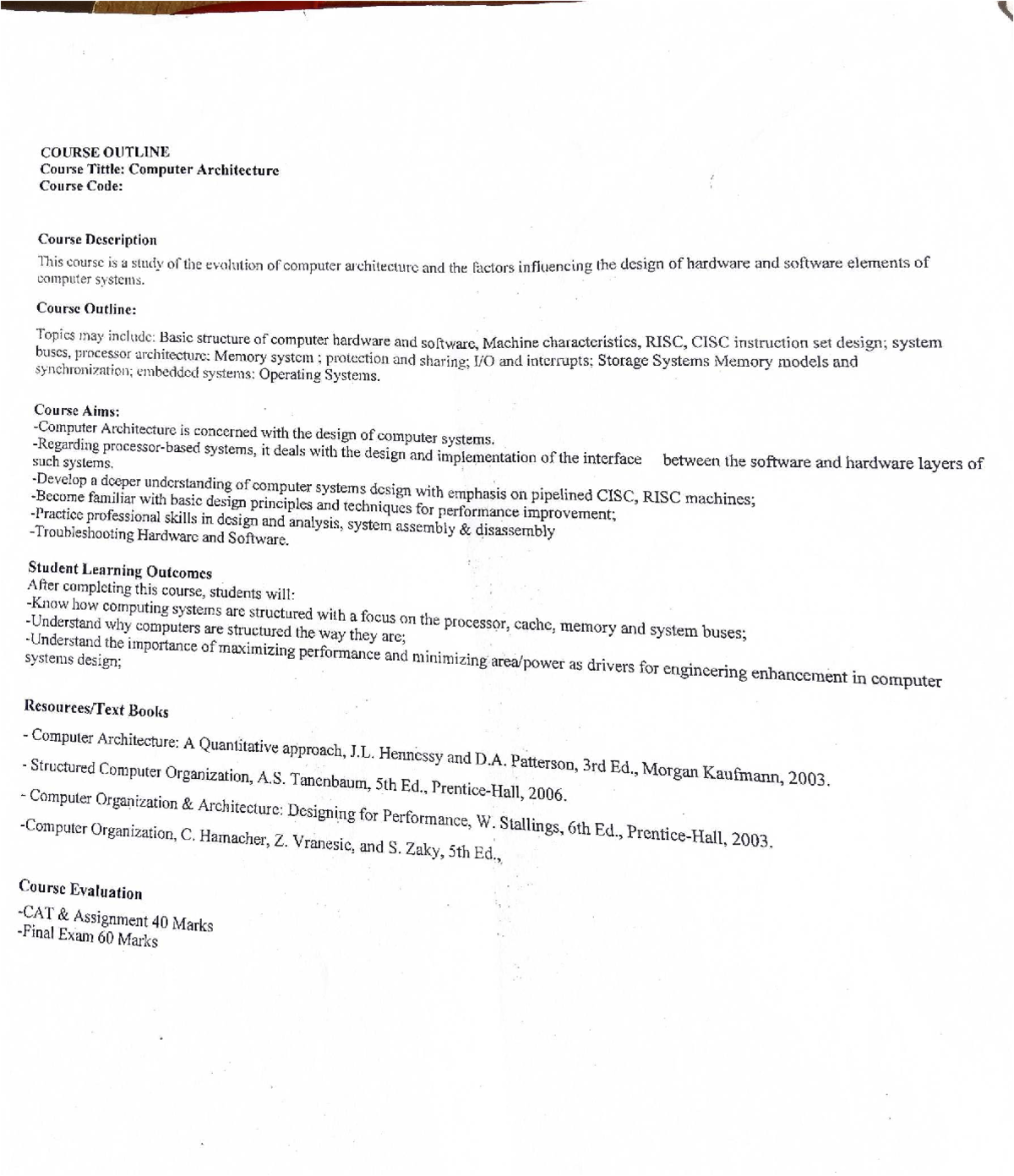 Computer Architecture Course Outline: Key Concepts & Evaluation - Studocu