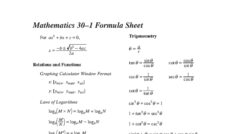 Mathematics Formula Sheet: Trigonometry & Functions (MATH 16) - Studocu