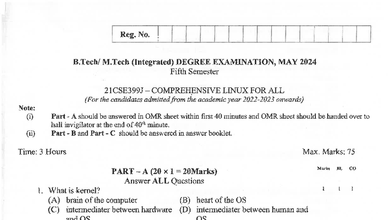 21CSE399J Comprehensive Linux Exam Questions - May 2024 - Studocu