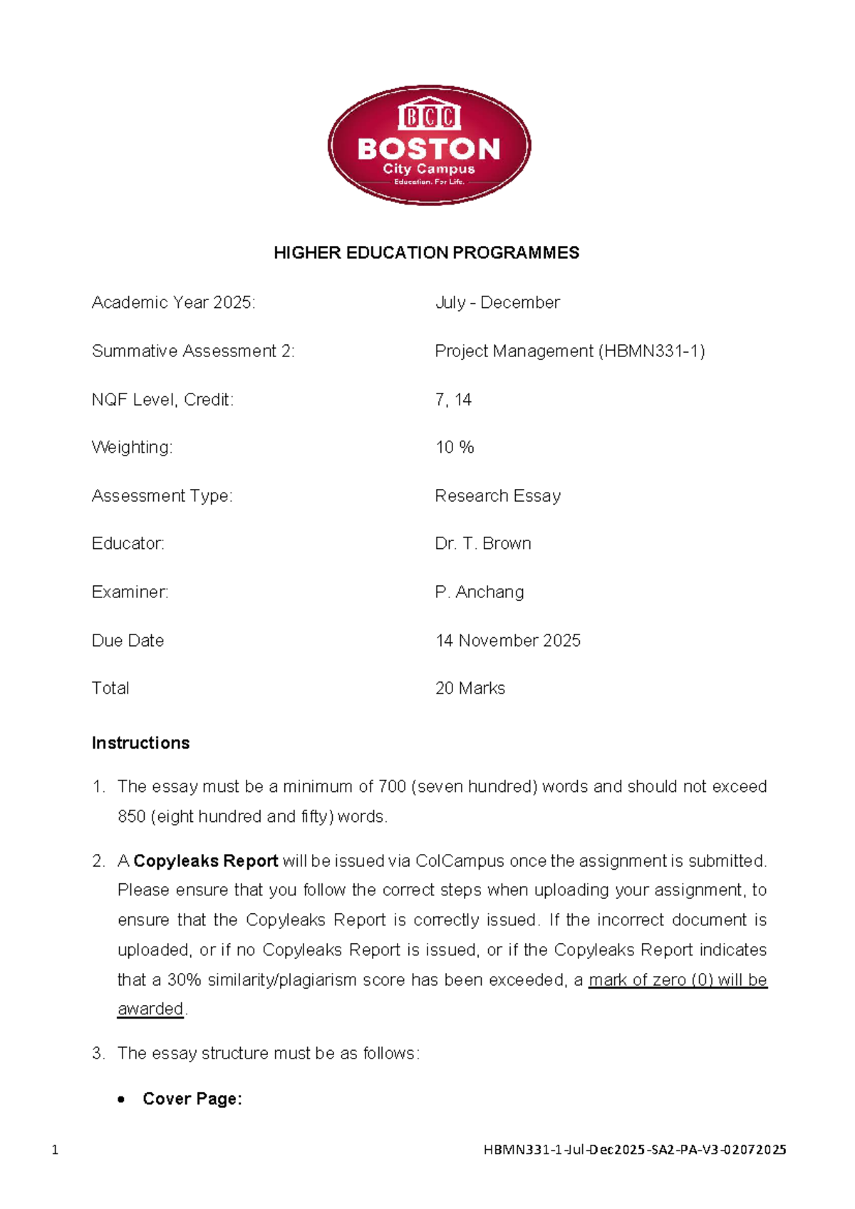 HBMN331 July-Dec 2025 Summative Assessment 2: Project Management Essay ...