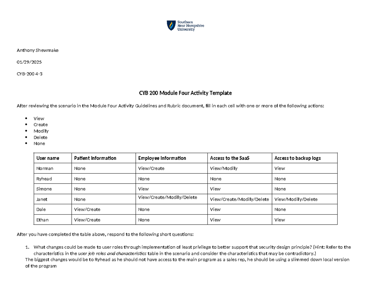 CYB 200 Module Four Activity - What changes could be made to user roles ...