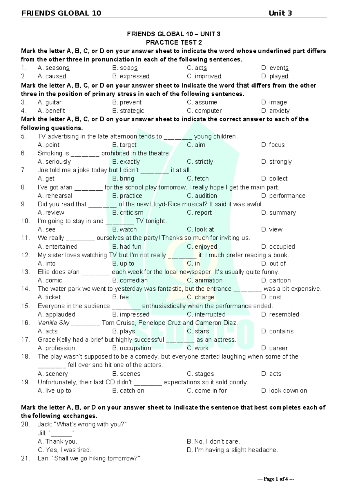 Tieng Anh 10 FRIENDS GLOBAL - Unit 3 Practice Test 2 - Studocu