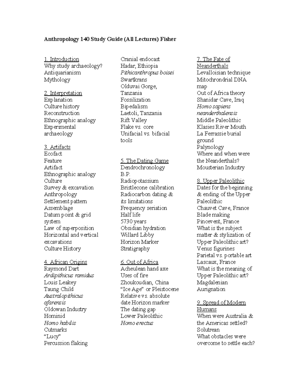 Anthropology 140 Study Guide: Intro to Archaeology Review Sheet - Studocu