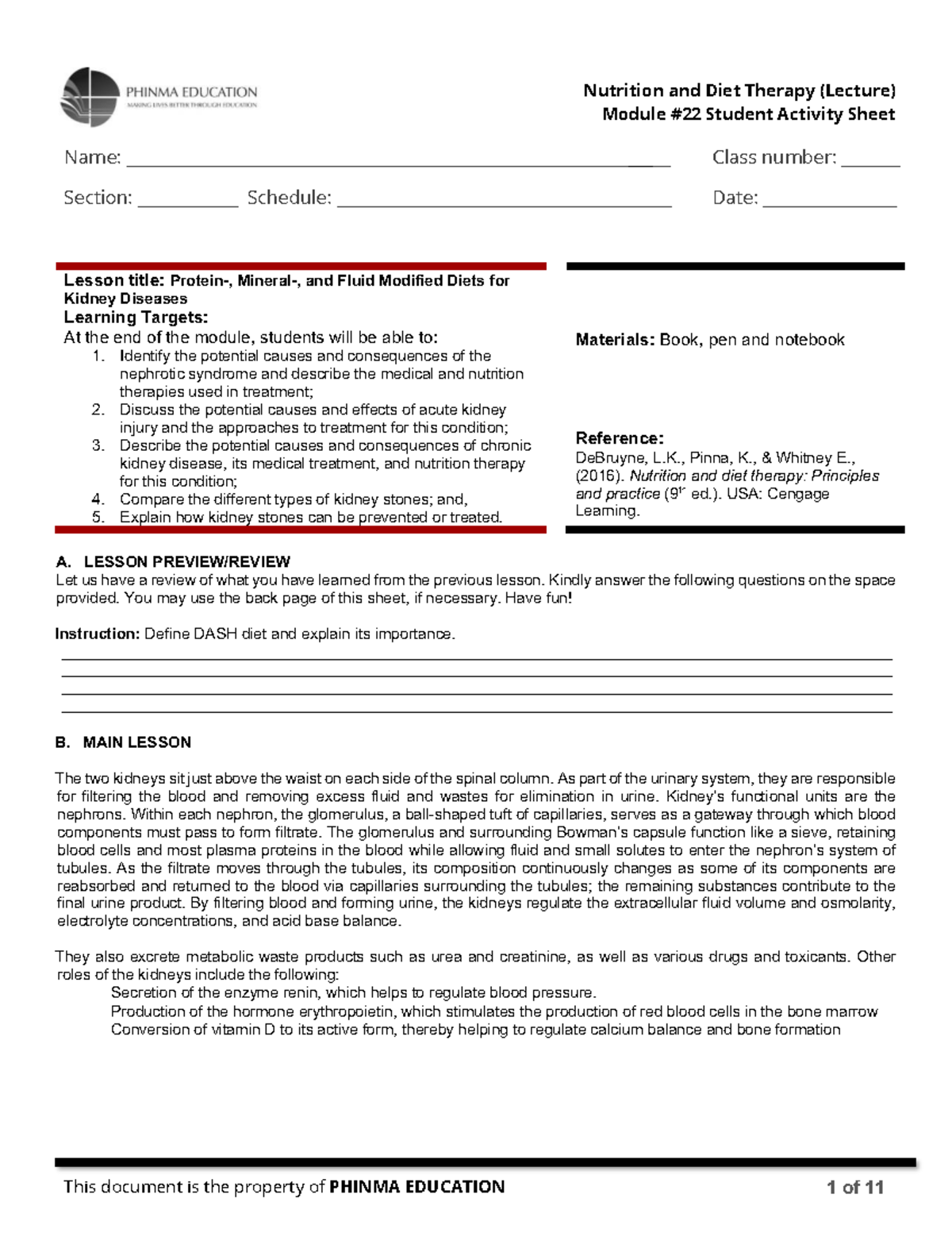 Nutrition and Diet Therapy (Lecture) Module: Kidney Disease Insights ...