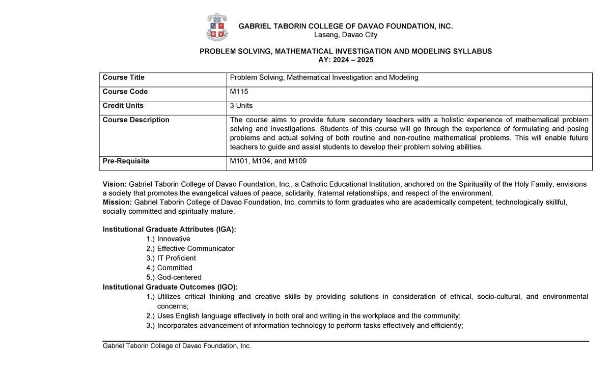 M115 - Problem Solving, Mathematical Investigation & Modeling Syllabus - Studocu