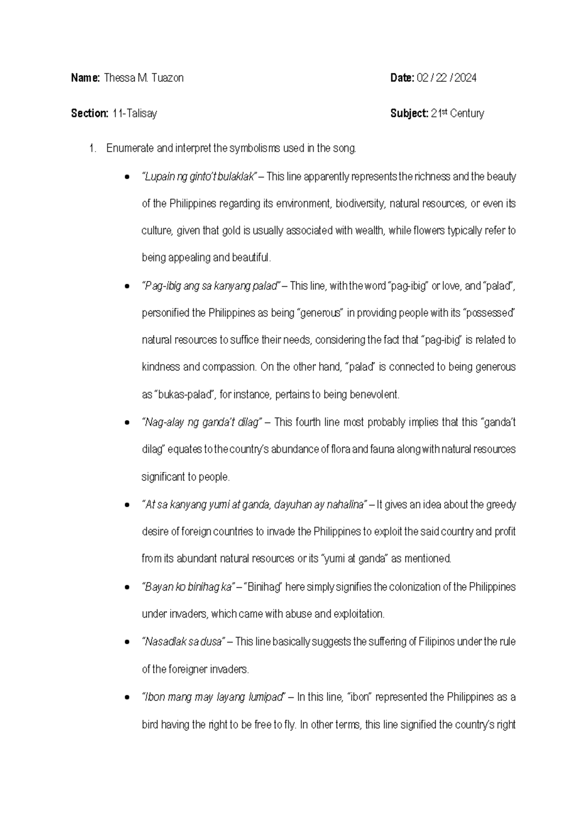 Symbolism and Themes in "Bayan Ko" - 21st Century Analysis - Studocu
