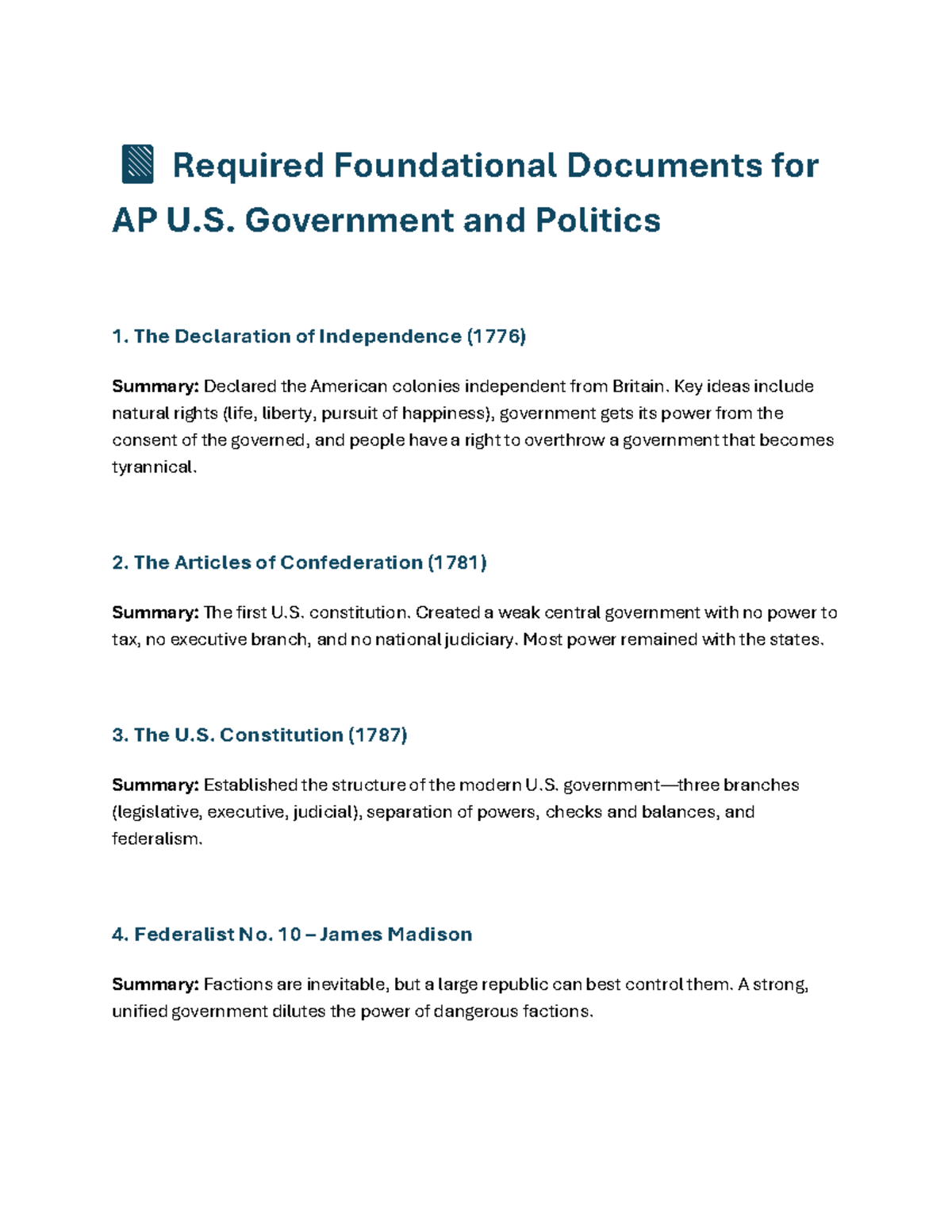 AP Gov Required Foundational Documents Summary - Studocu