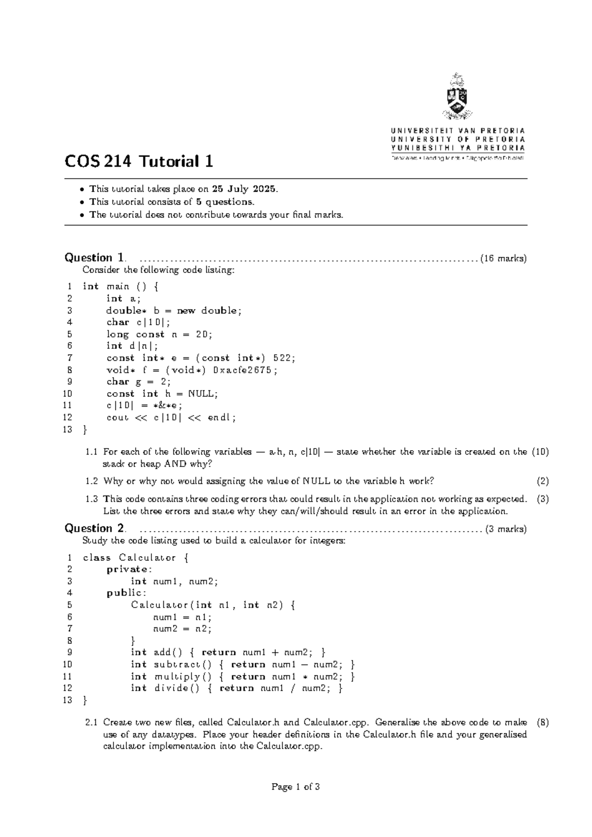 COS 214 Tutorial 1 Questions and Code Analysis - Studocu