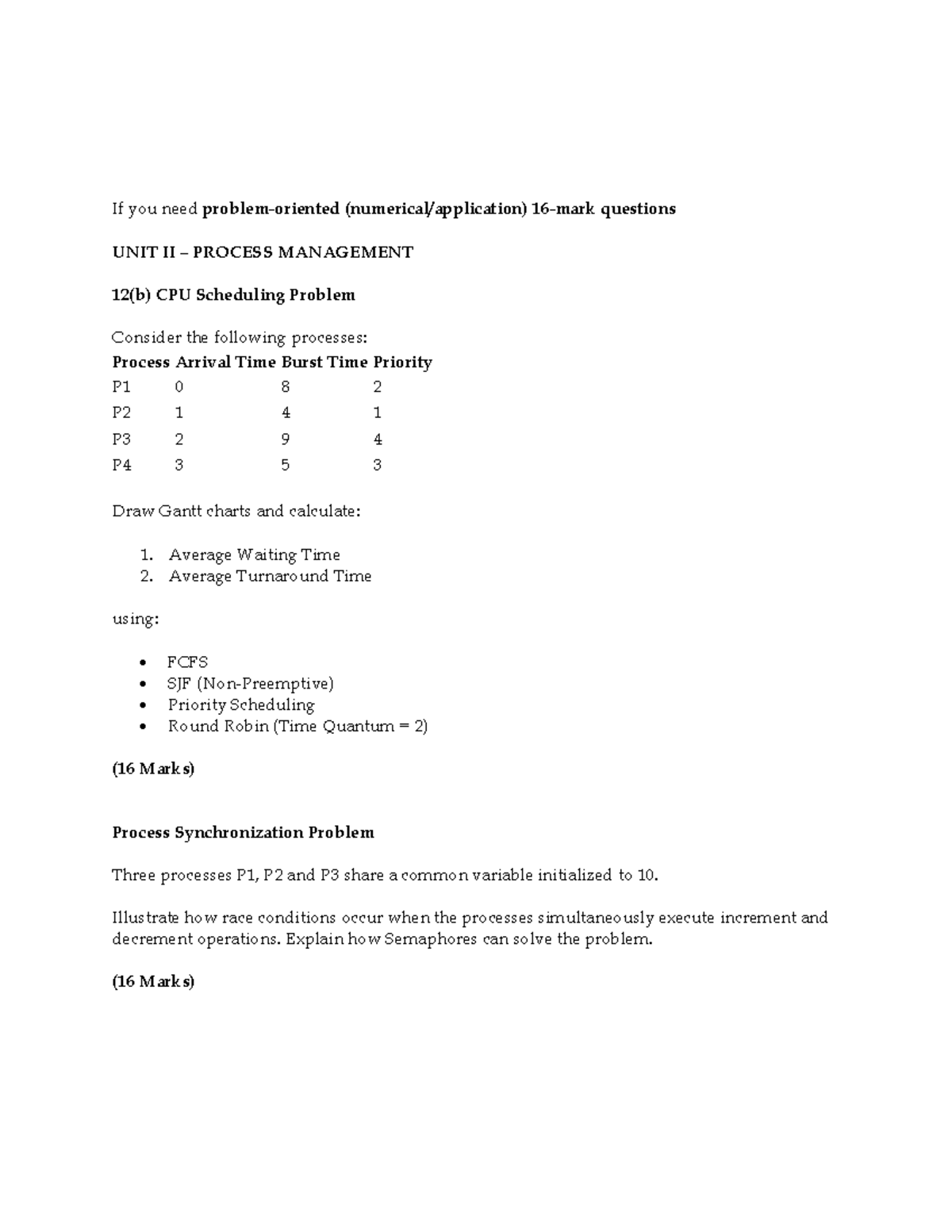 Operating System Problems: UNIT II & IV CPU Scheduling, Deadlock, and ...