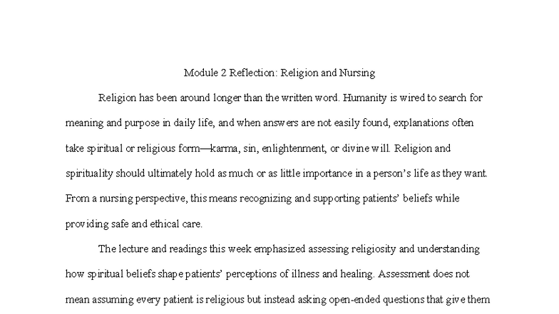Mod 2 Reflection: The Role of Religion in Nursing Care - Studocu