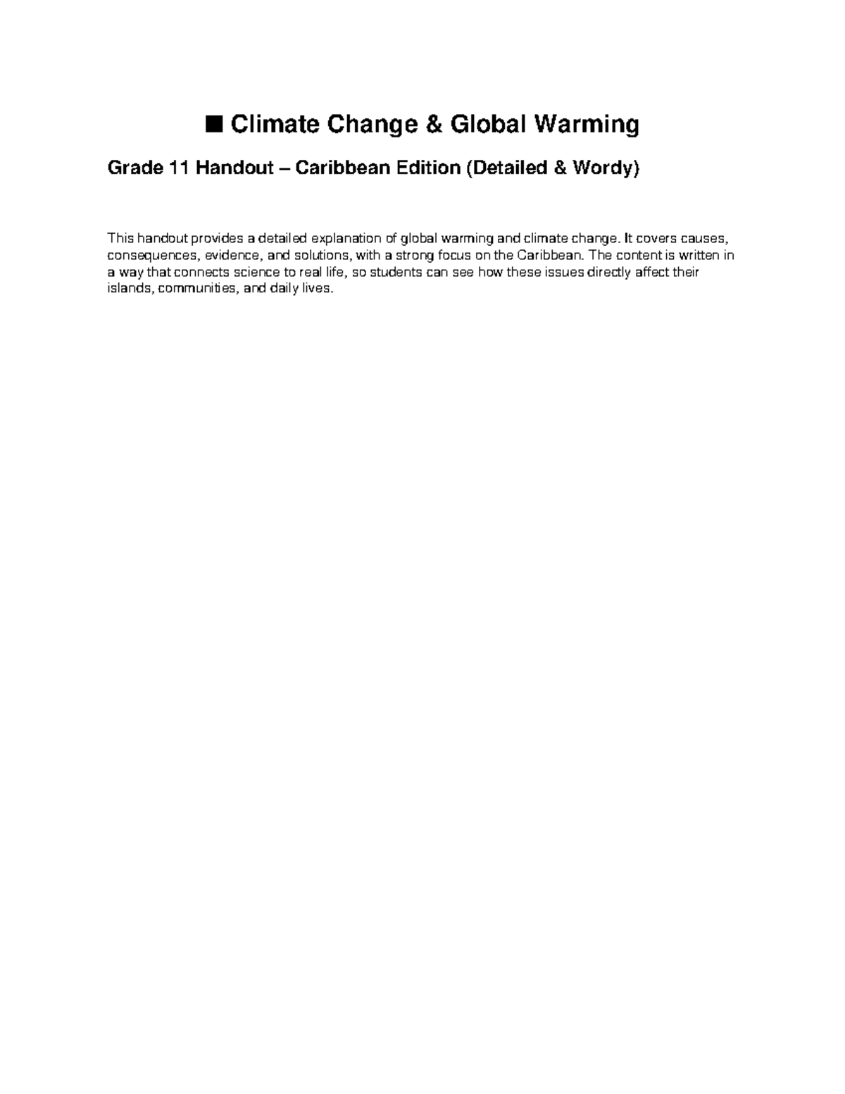 Climate Change & Global Warming Grade 11 Handout: Caribbean Focus - Studocu