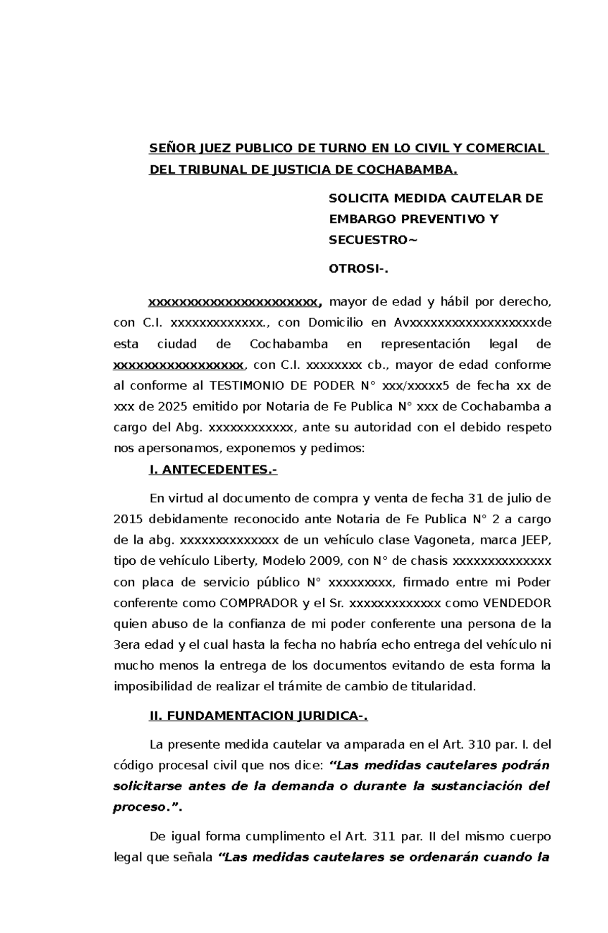 Solicitud de Medida Cautelar de Embargo Preventivo - C.C. 2025 - Studocu