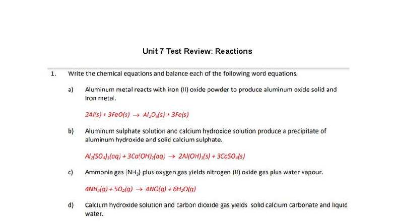 Unit 7 Test Review: Classifying and Balancing Reactions Key - Studocu