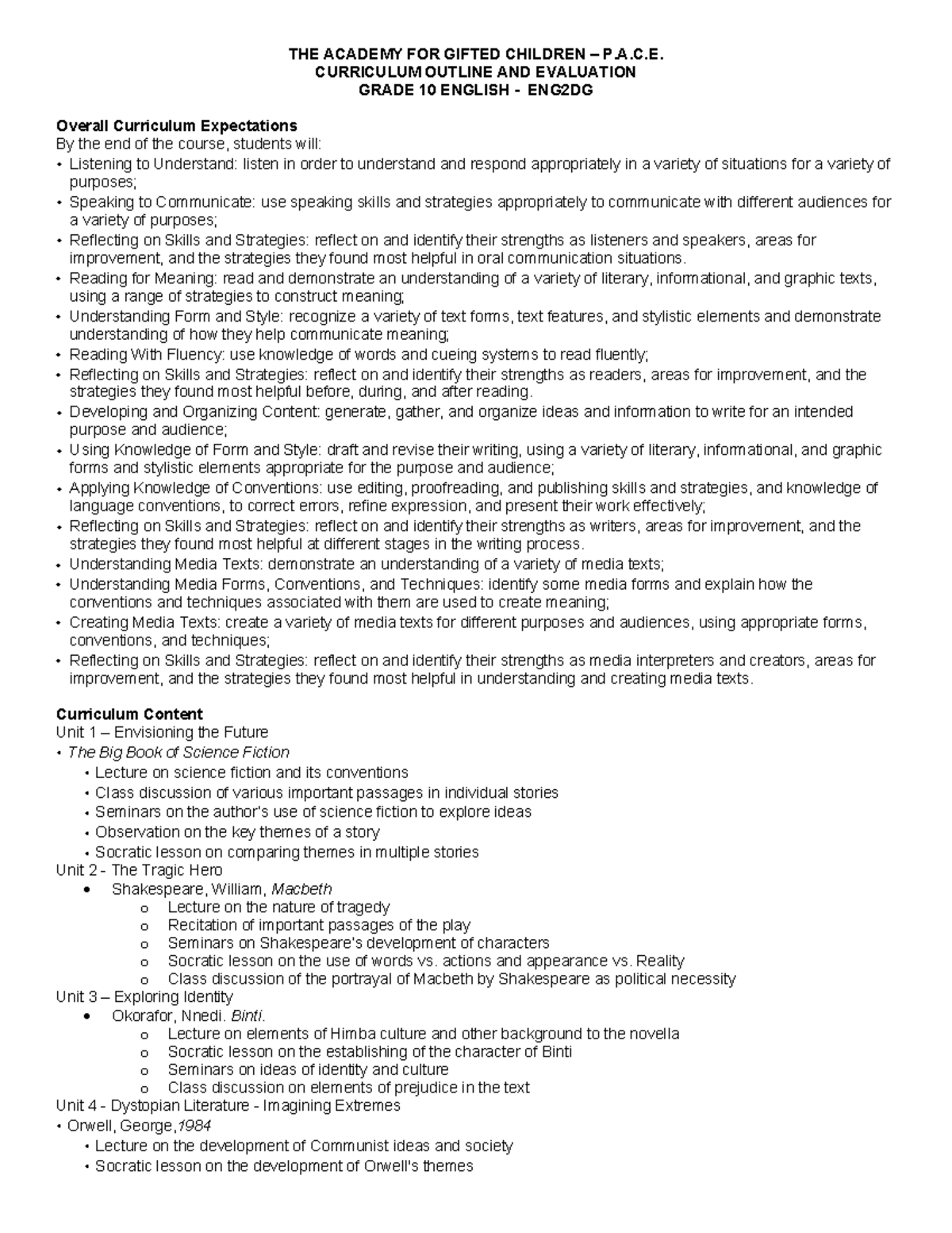 ENG2DG Grade 10 English Curriculum Outline & Evaluation Notes - Studocu