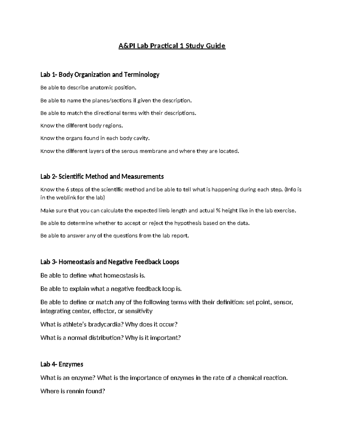 A&PI Lab Practical 1 Study Guide: Body Organization, Homeostasis ...