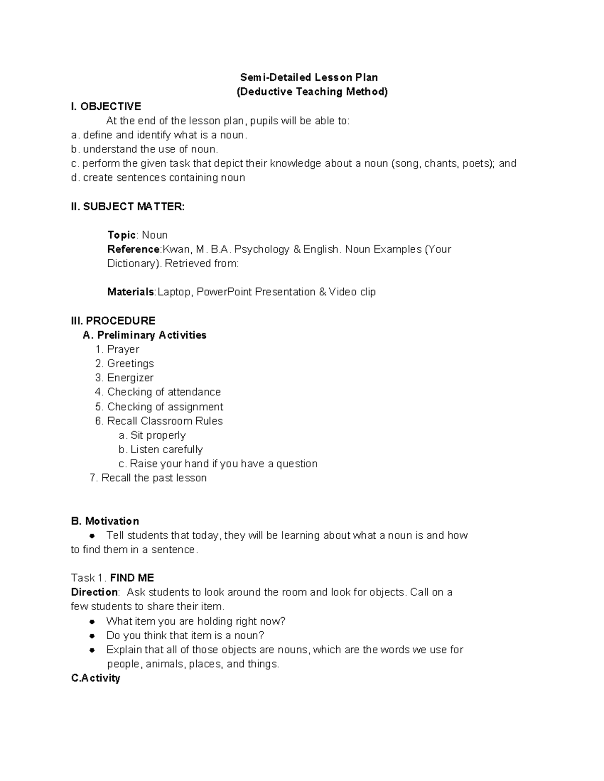 4A Semi-Detailed Lesson Plan on Understanding Nouns - Studocu