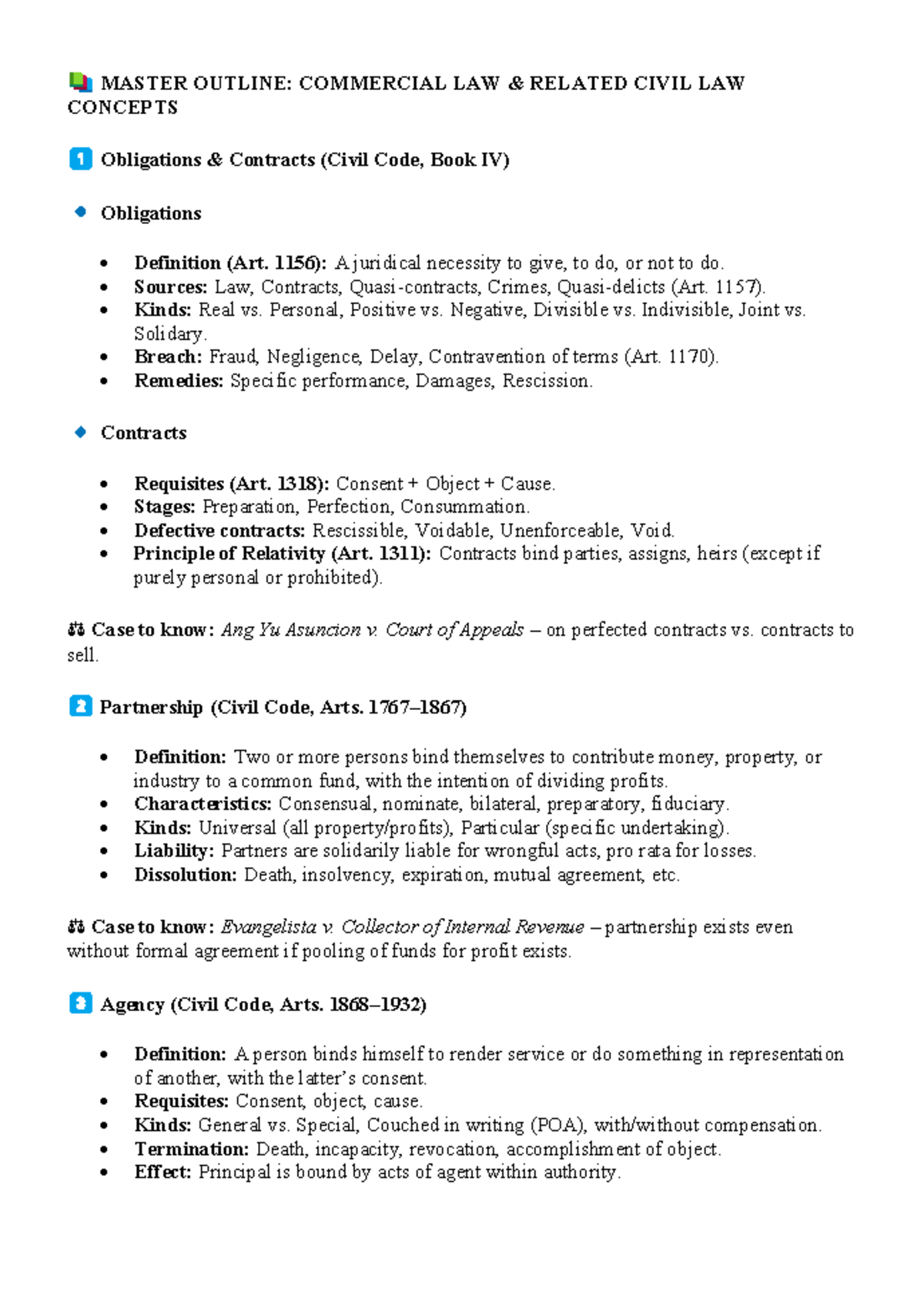 MASTER OUTLINE: COMMERCIAL LAW OBLIGATIONS & CONTRACTS (CIVIL CODE ...