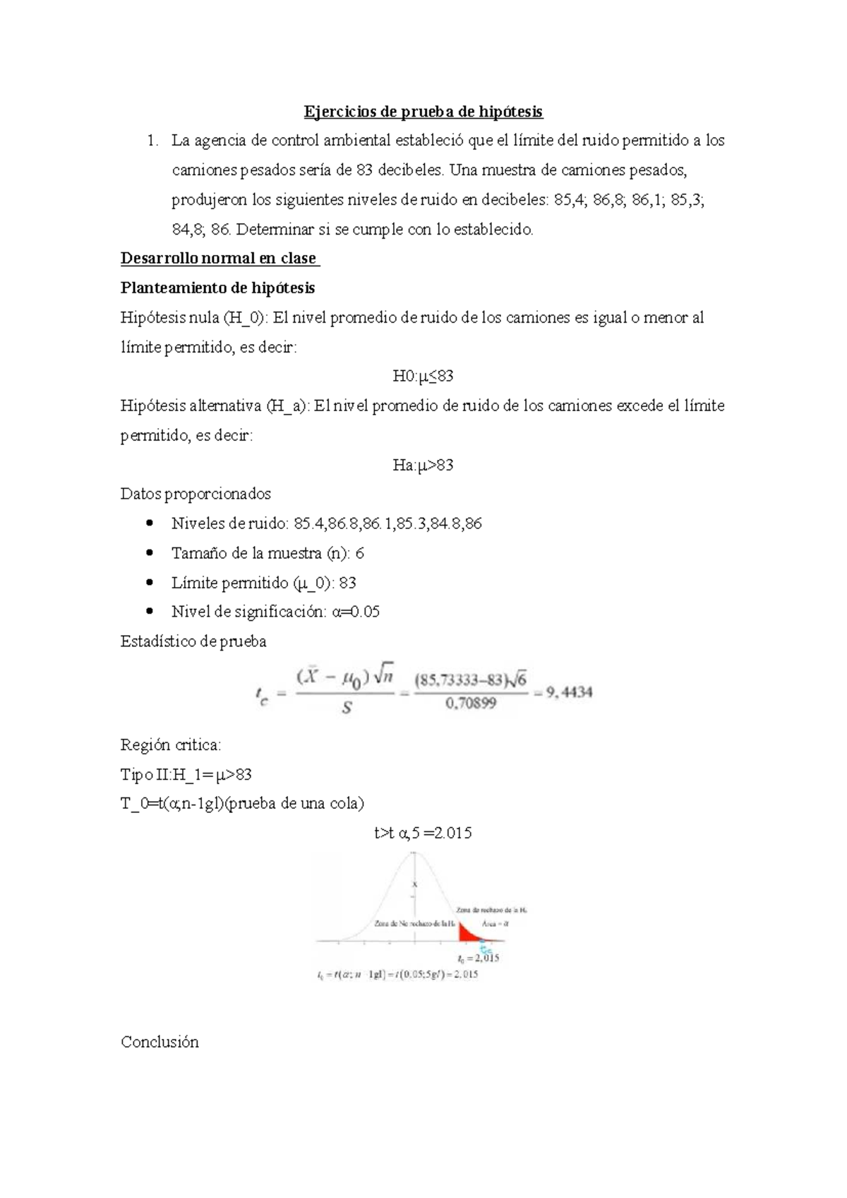 Ejercicios de Prueba de Hipótesis 1: Niveles de Ruido de Camiones - Studocu