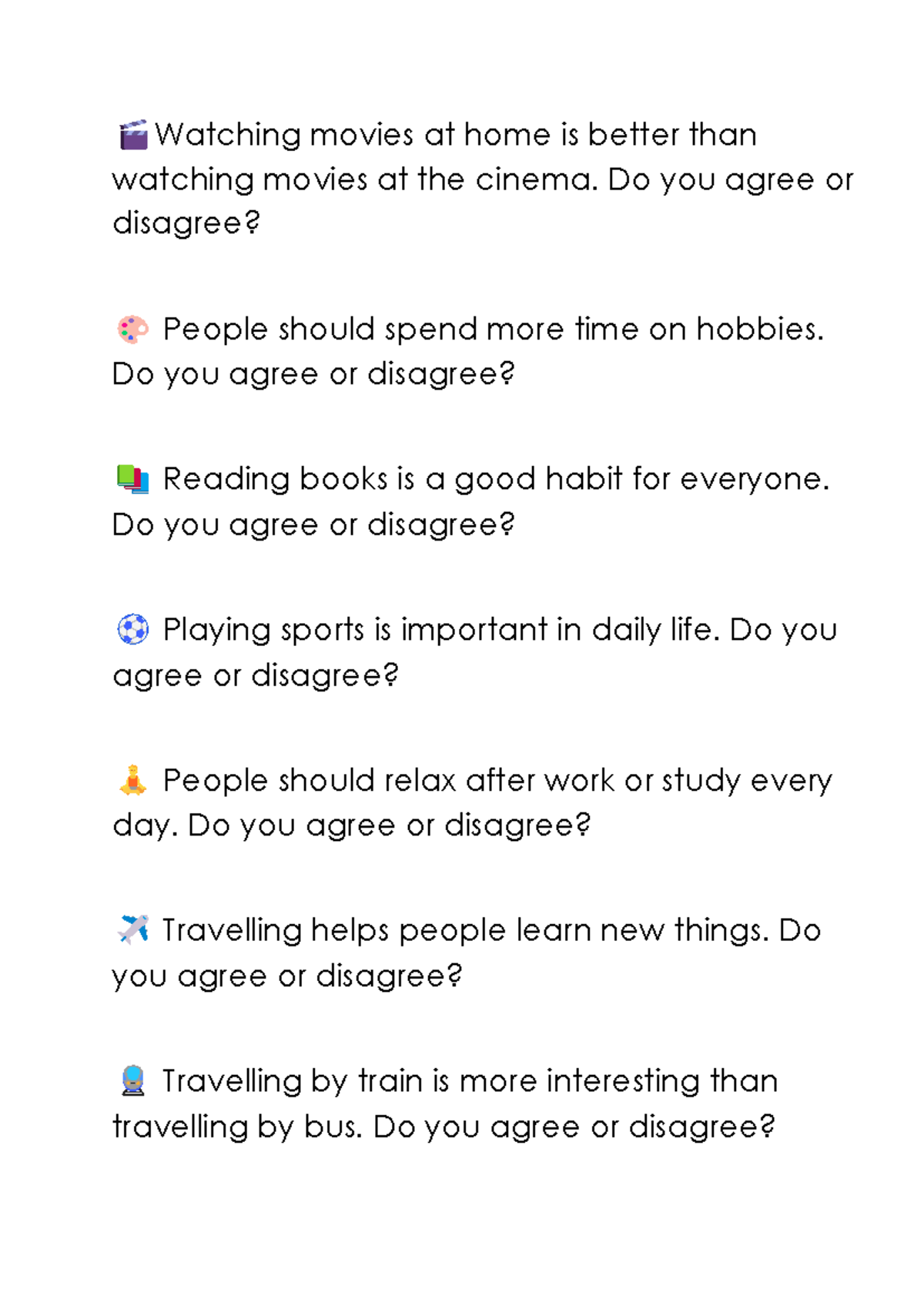 Topic Speaking Ele2: Agree or Disagree Prompts on Life Choices - Studocu