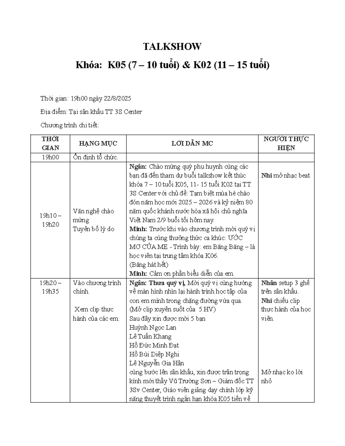 Timeline Talkshow K05 & K02: Tạm Biệt Mùa Hè 2025-2026 - Studocu