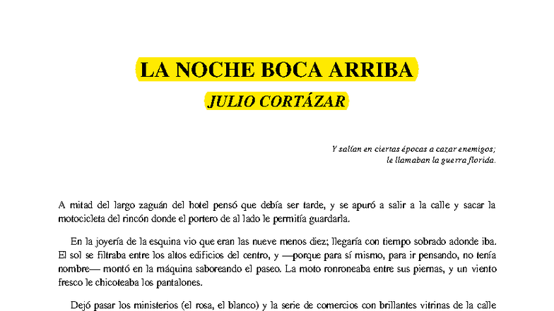 La Noche Boca Arriba: Análisis y Reflexiones sobre Cortázar - Studocu