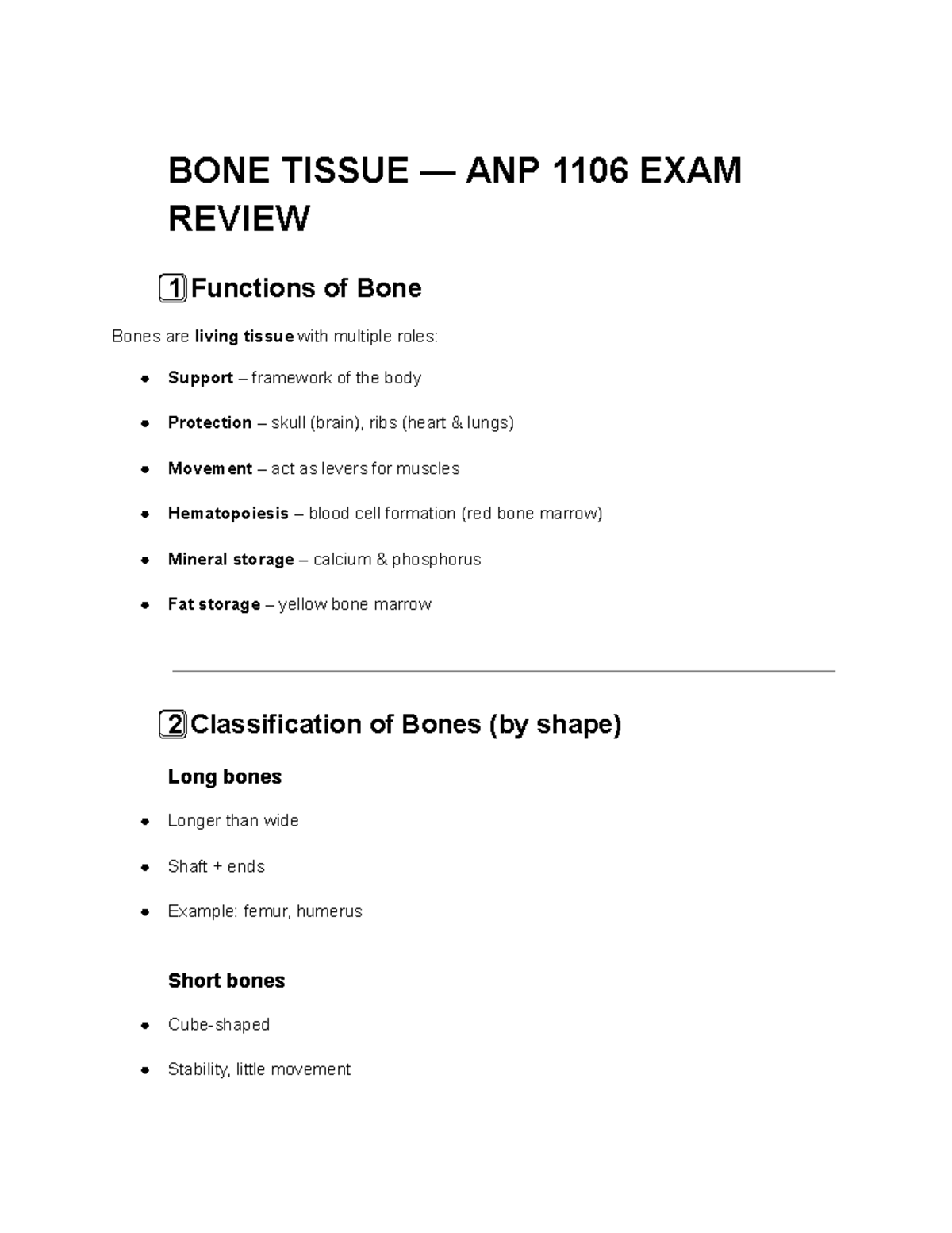 BONE TISSUE ANP 1106 MIDTERM 1 REVIEW: Functions & Classification - Studocu