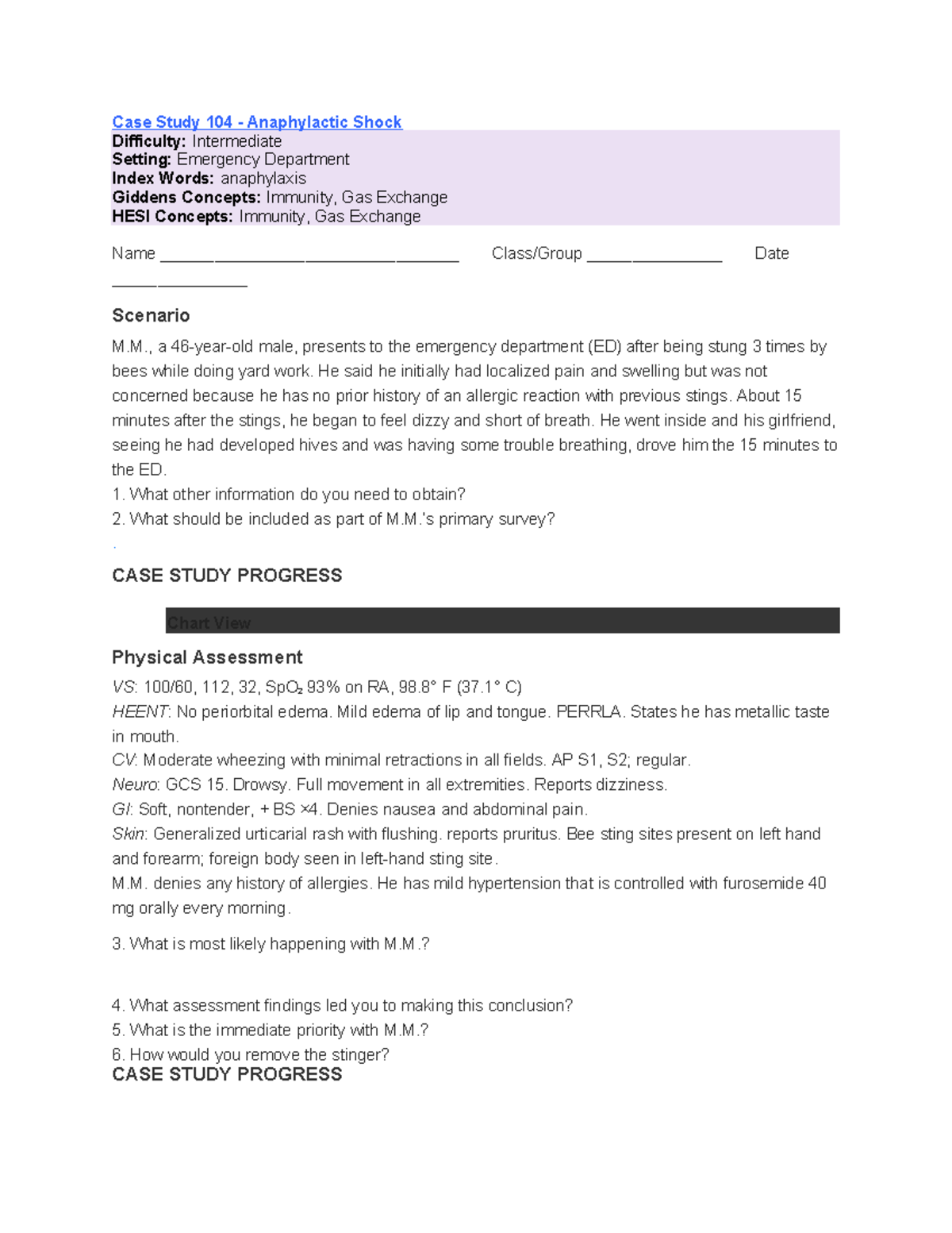 Case Study 104: Anaphylactic Shock in 46-Year-Old Male Patient - Studocu