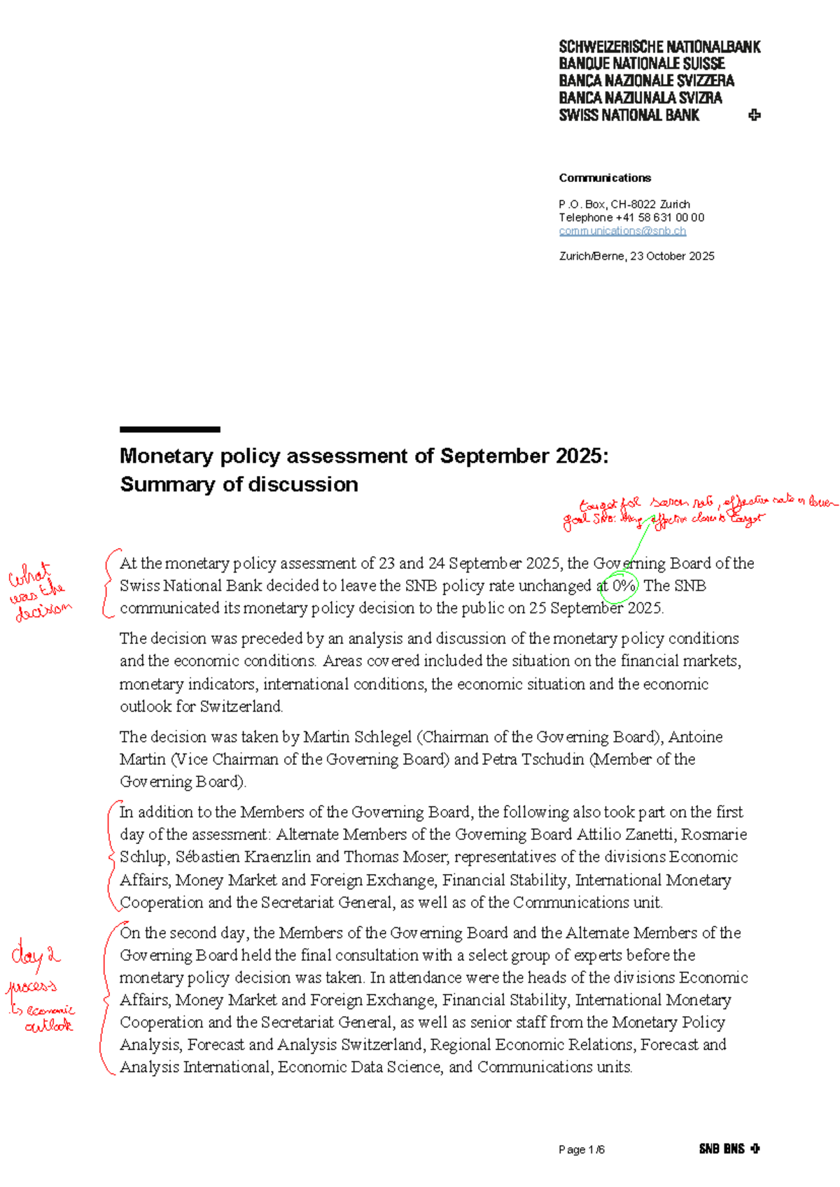 Monetary Policy Assessment Summary - SNB Minutes Sep 2025 - Studocu