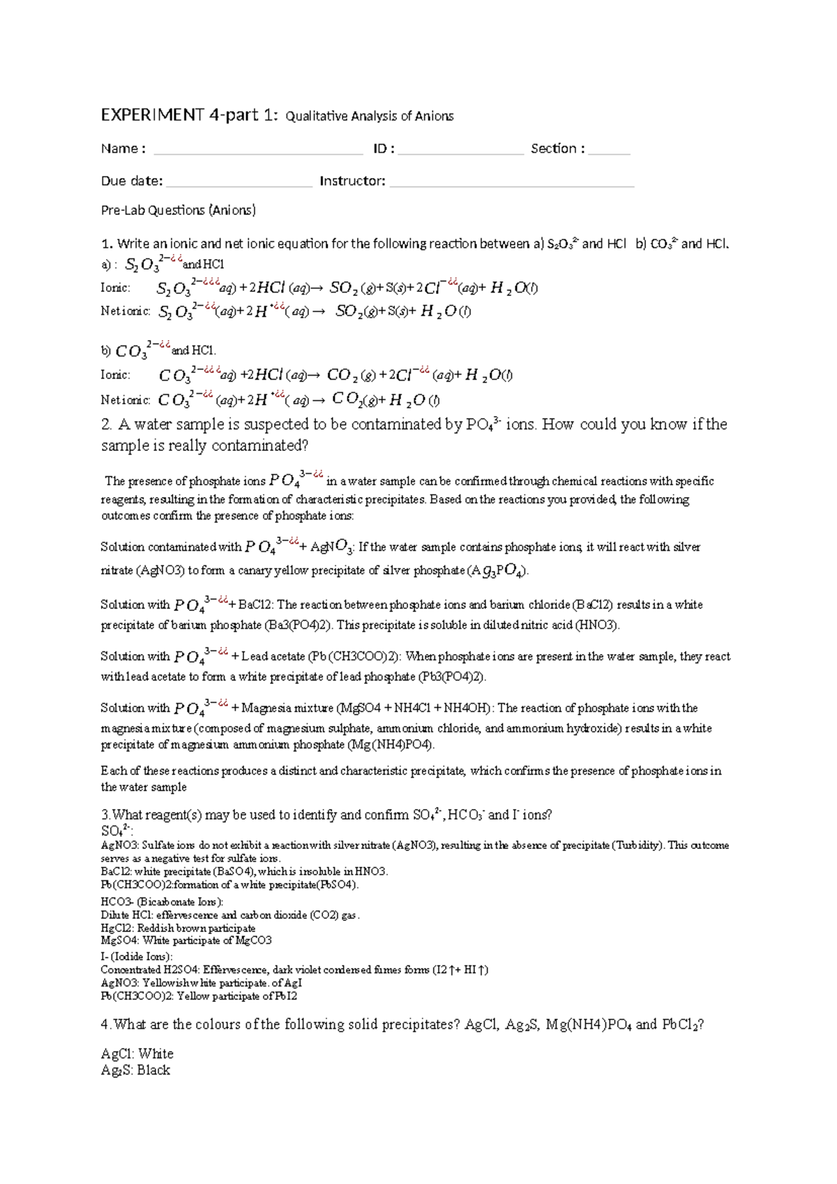 Prelab 4: Qualitative Analysis of Anions - Chemistry Experiment Guide - Studocu