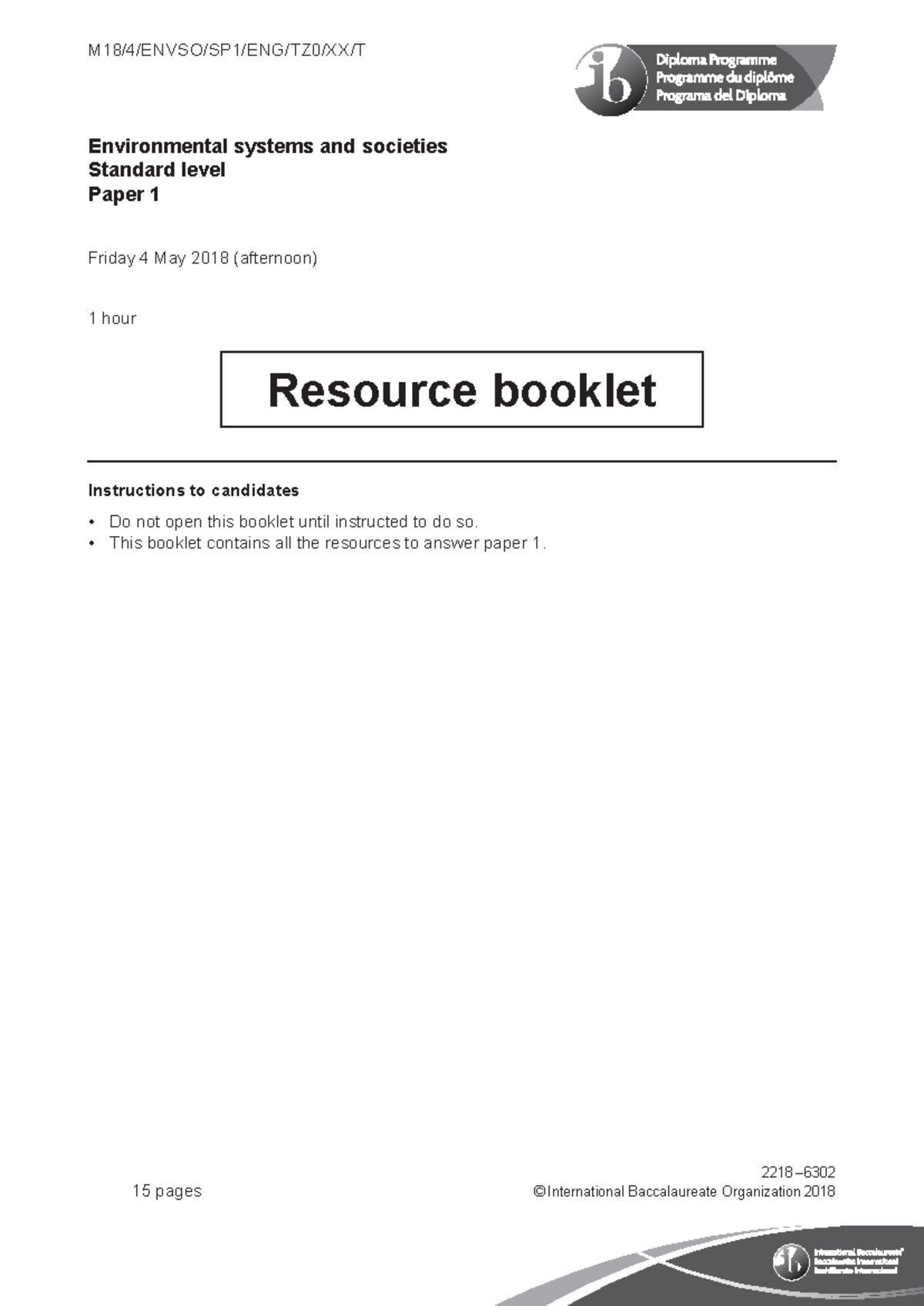 Environmental Systems and Societies SL Paper 1 Resource Booklet - Studocu