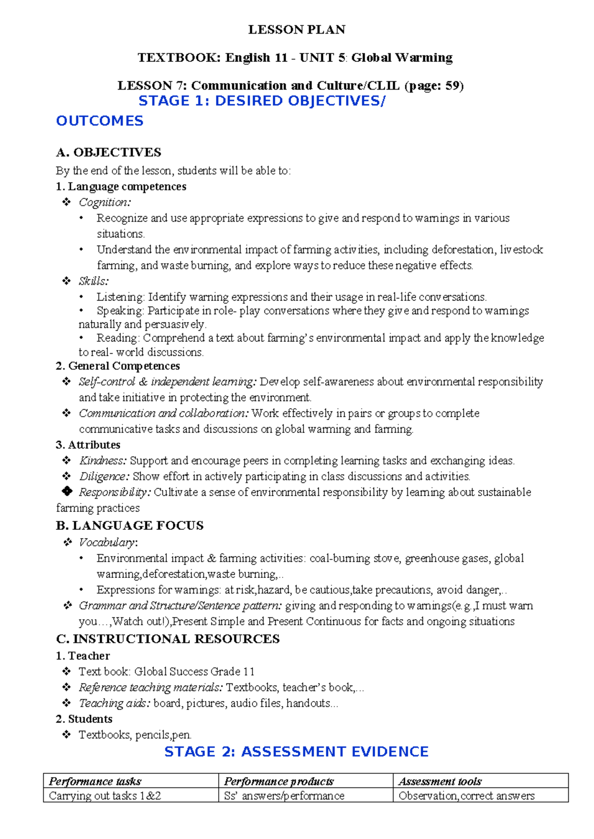 English 11 Lesson Plan: Unit 5 - Global Warming & Communication - Studocu