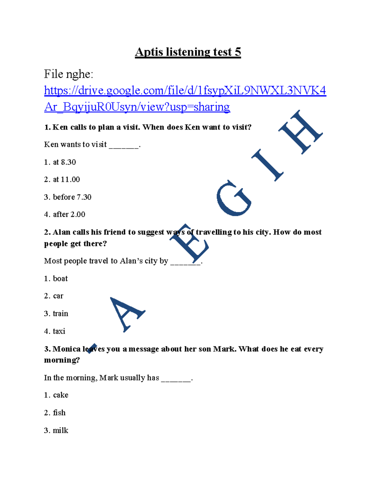 Aptis Listening Test 5: Practice Questions and Answers - Studocu