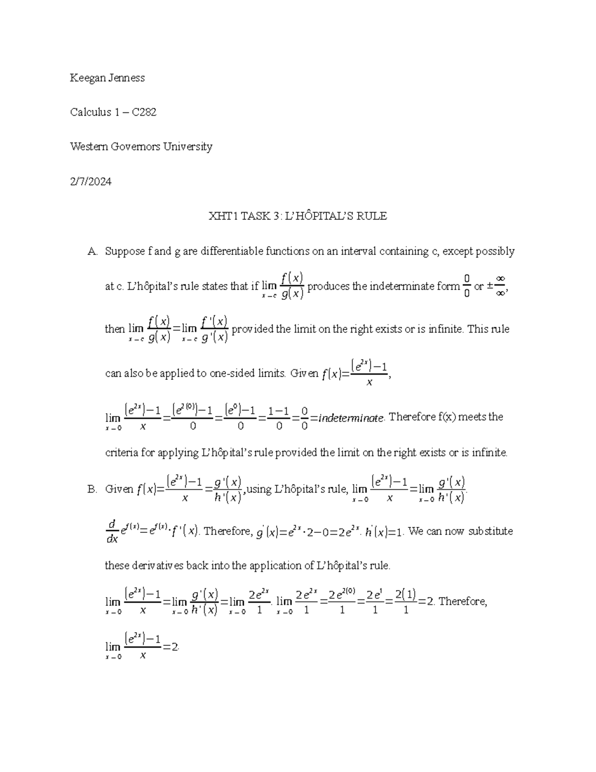 C282 - XHT - Task 3: Application of L'Hôpital's Rule in Calculus 1 ...