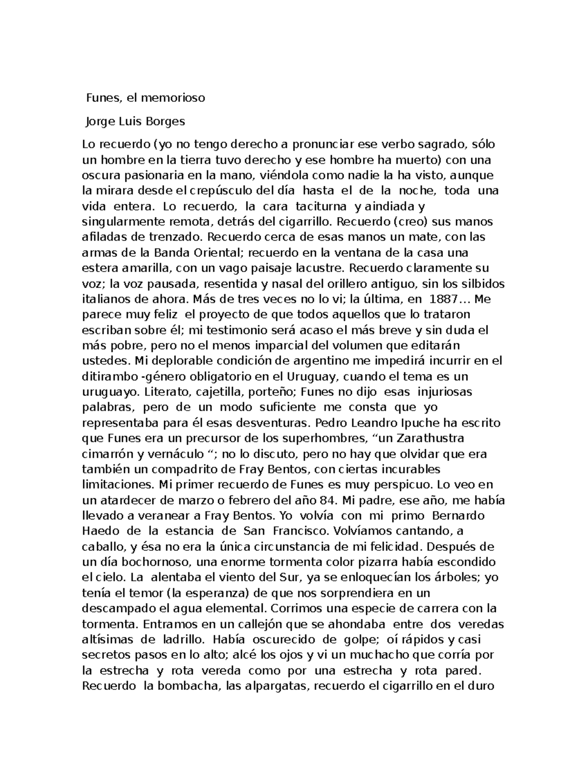 Análisis y Reflexiones sobre "Funes el Memorioso": Estudio de un ...