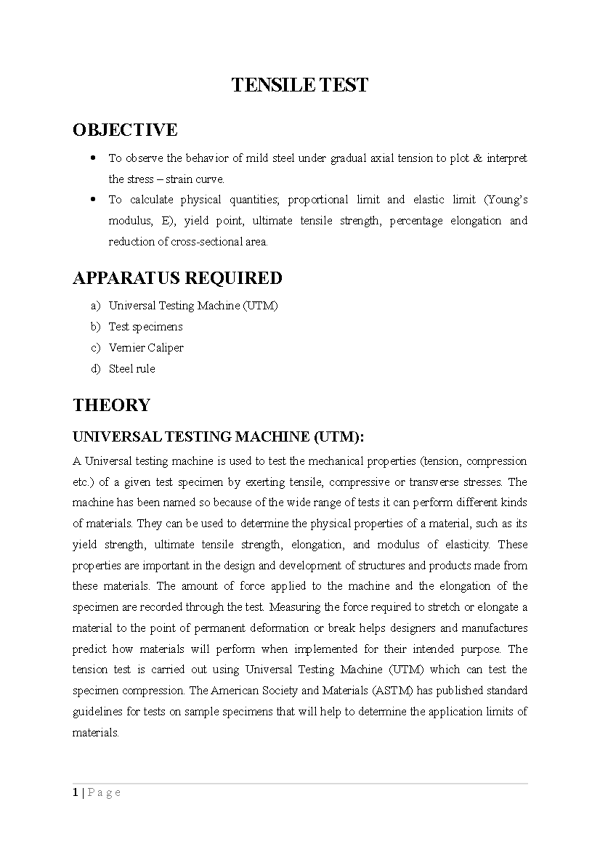 Tensile Test Lab Manual - Understanding Stress-Strain Behavior - Studocu